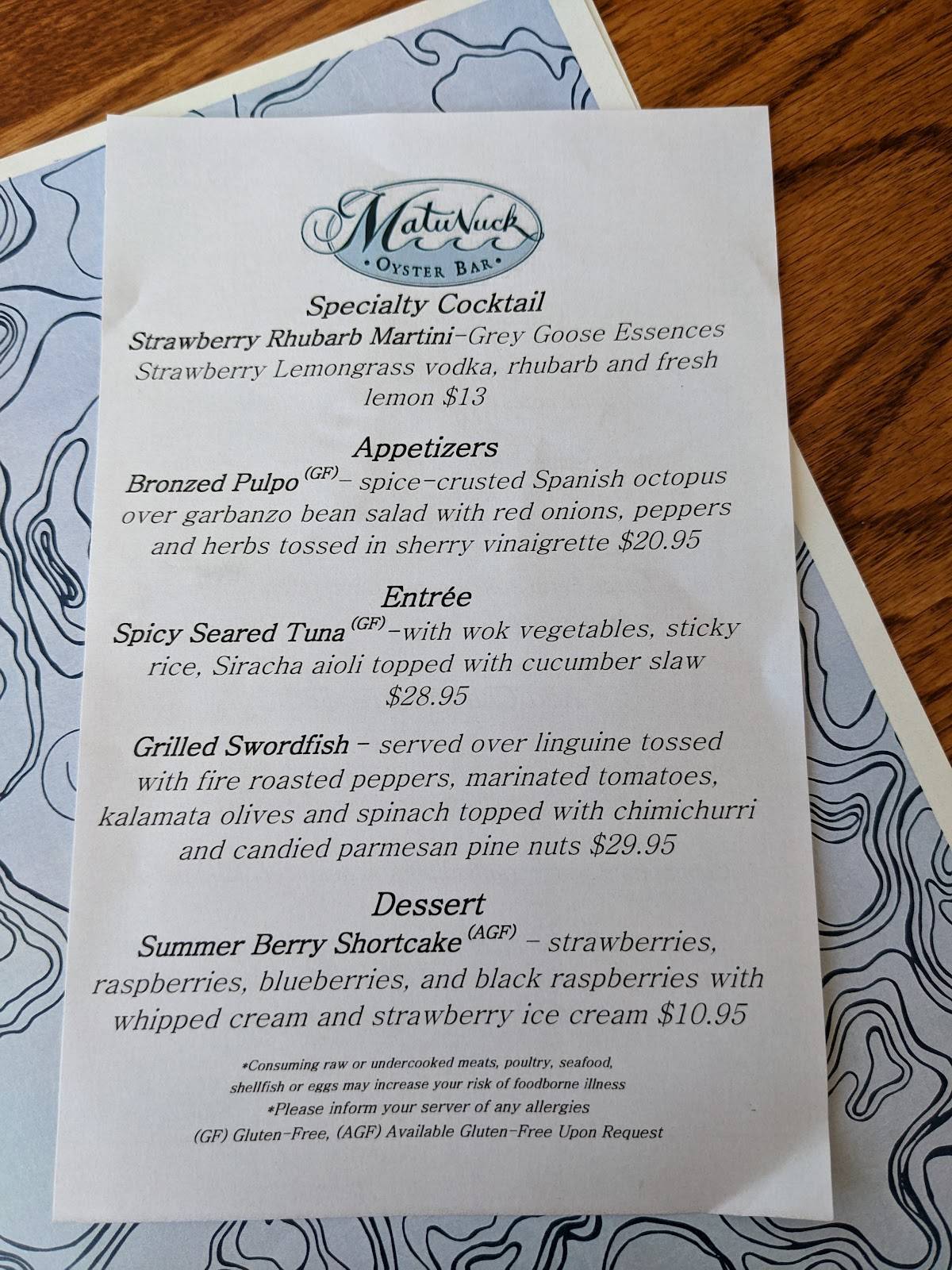 Menu at Matunuck Oyster Bar, South Kingstown, 629 Succotash Rd