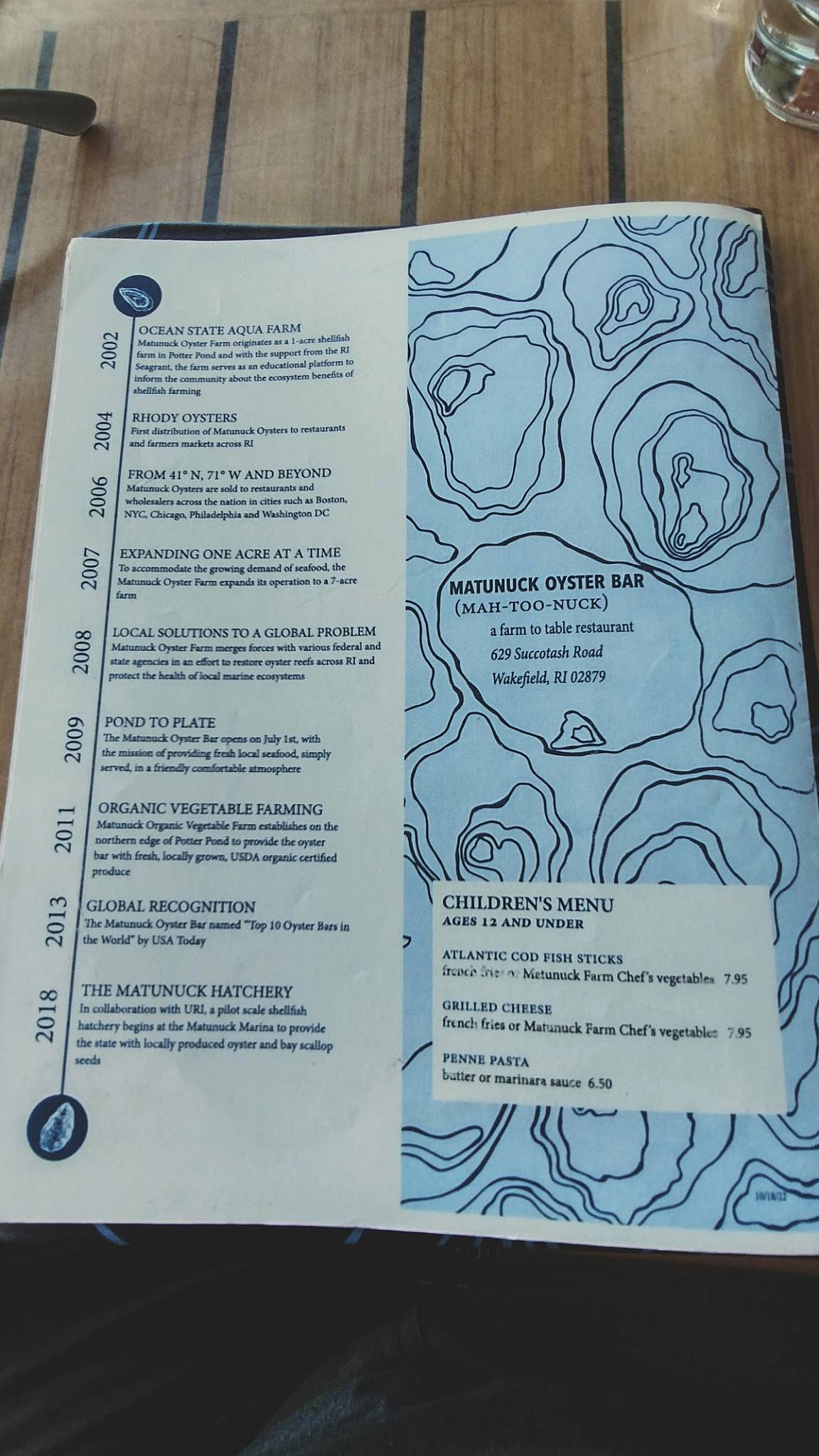 Menu at Matunuck Oyster Bar, South Kingstown, 629 Succotash Rd