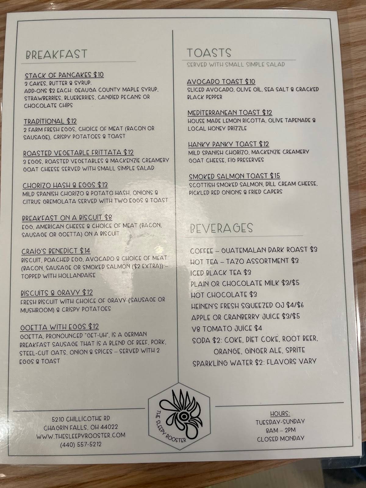 Menu at The Sleepy Rooster restaurant, South Russell
