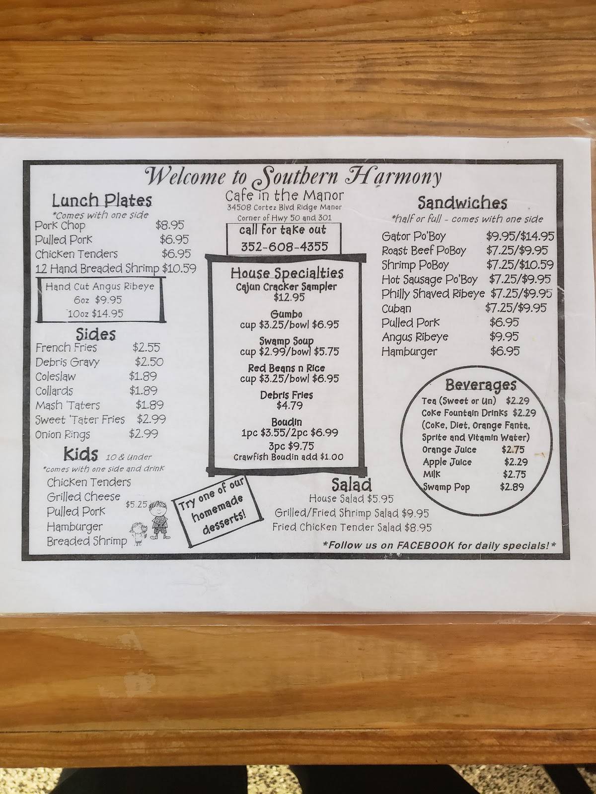 Menu at Southern Harmony Cafe, Ridge Manor