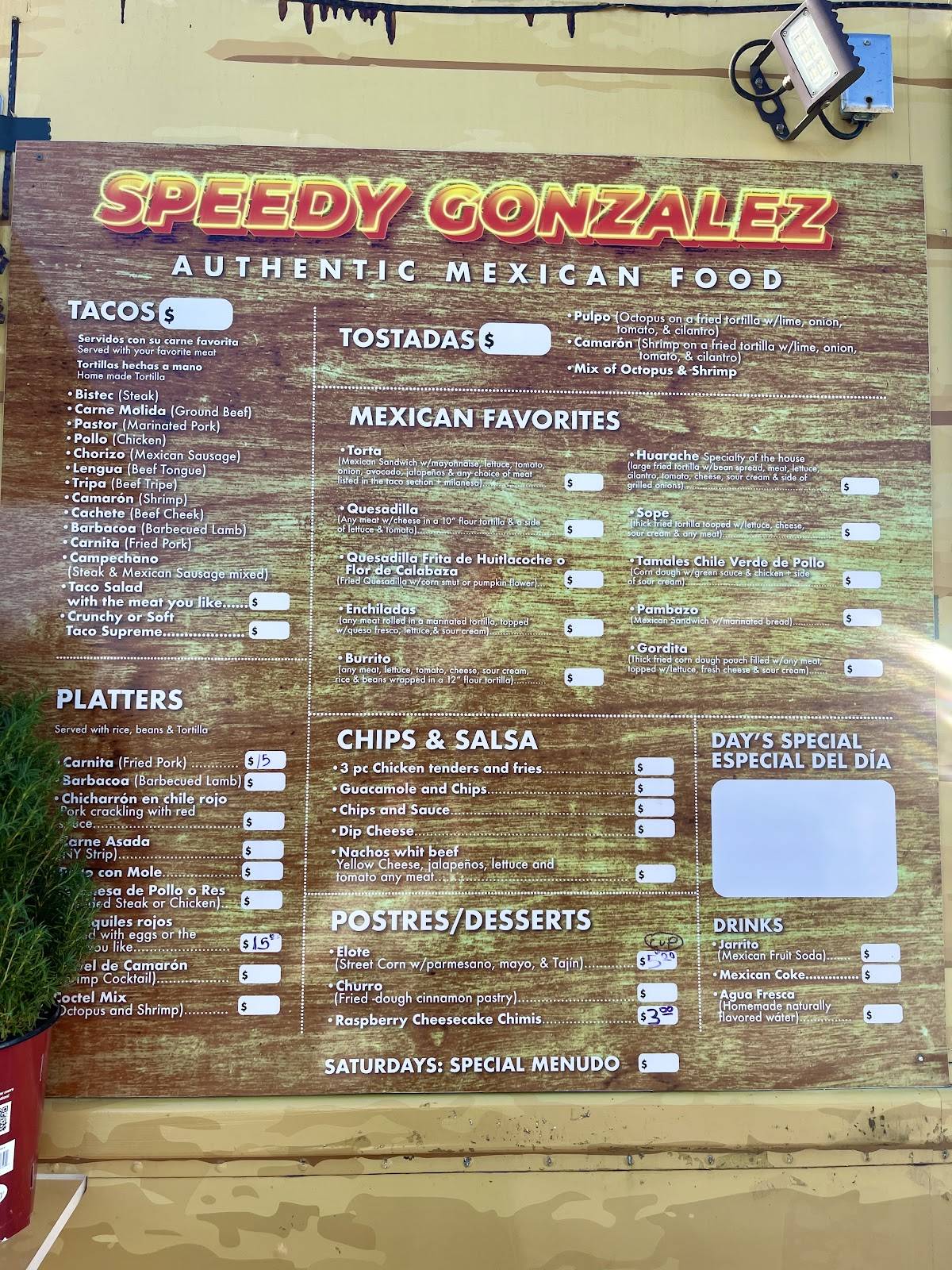 Menu at Speedy Gonzalez Mexican Food Truck restaurant, Englewood