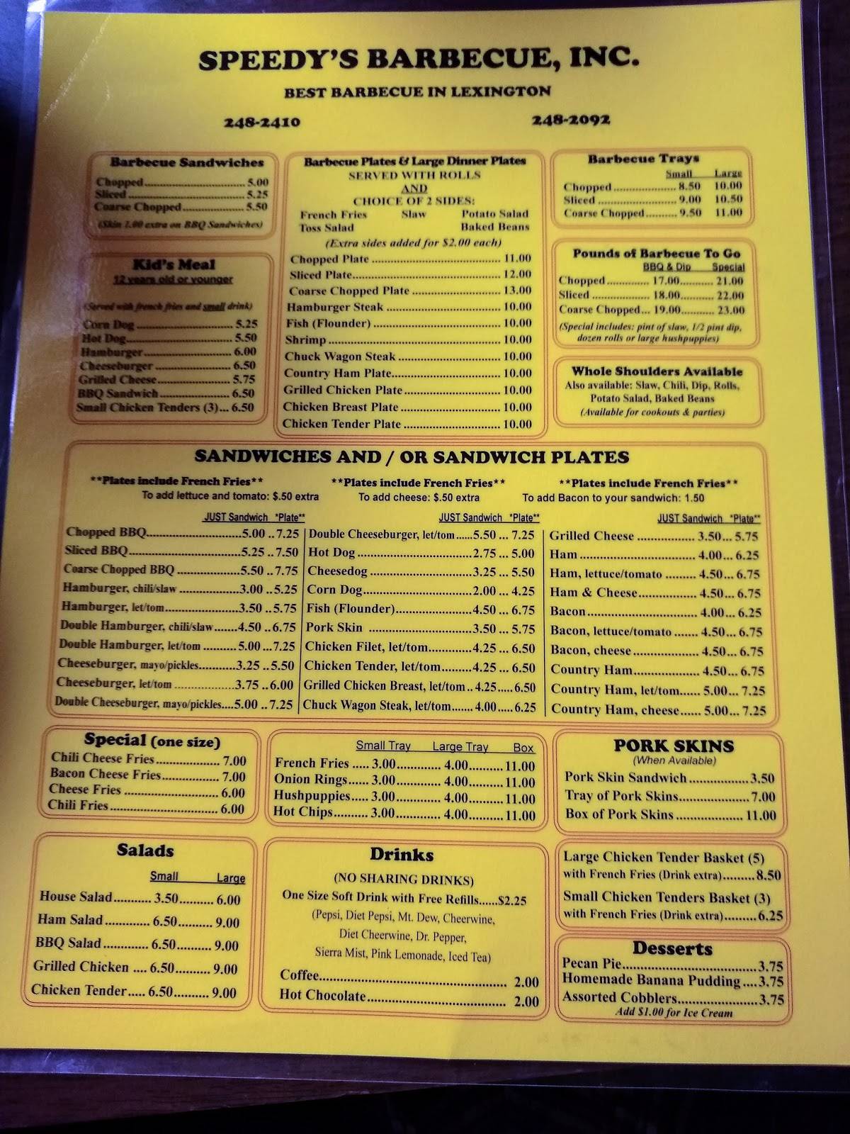 Menu at Speedy's BBQ, Lexington, 408 Piedmont Dr