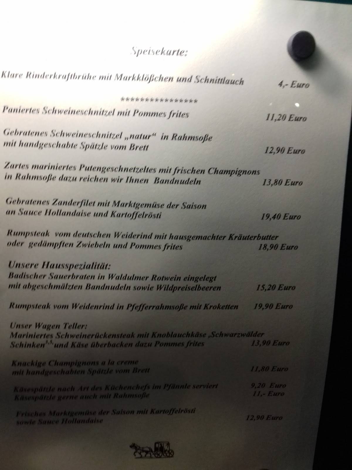 Speisekarte von Speiselokal zum Wagen in Fautenbach restaurant, Achern