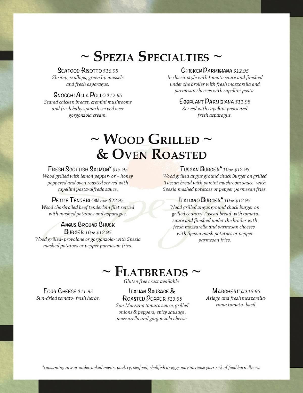 Menu at Spezia Omaha restaurant, Omaha
