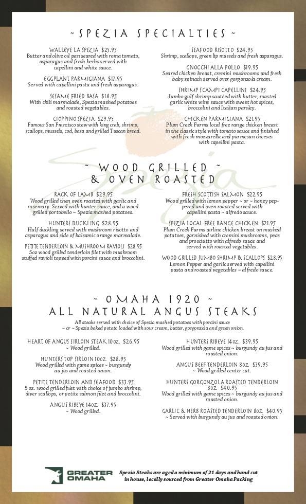 Menu at Spezia Omaha restaurant, Omaha