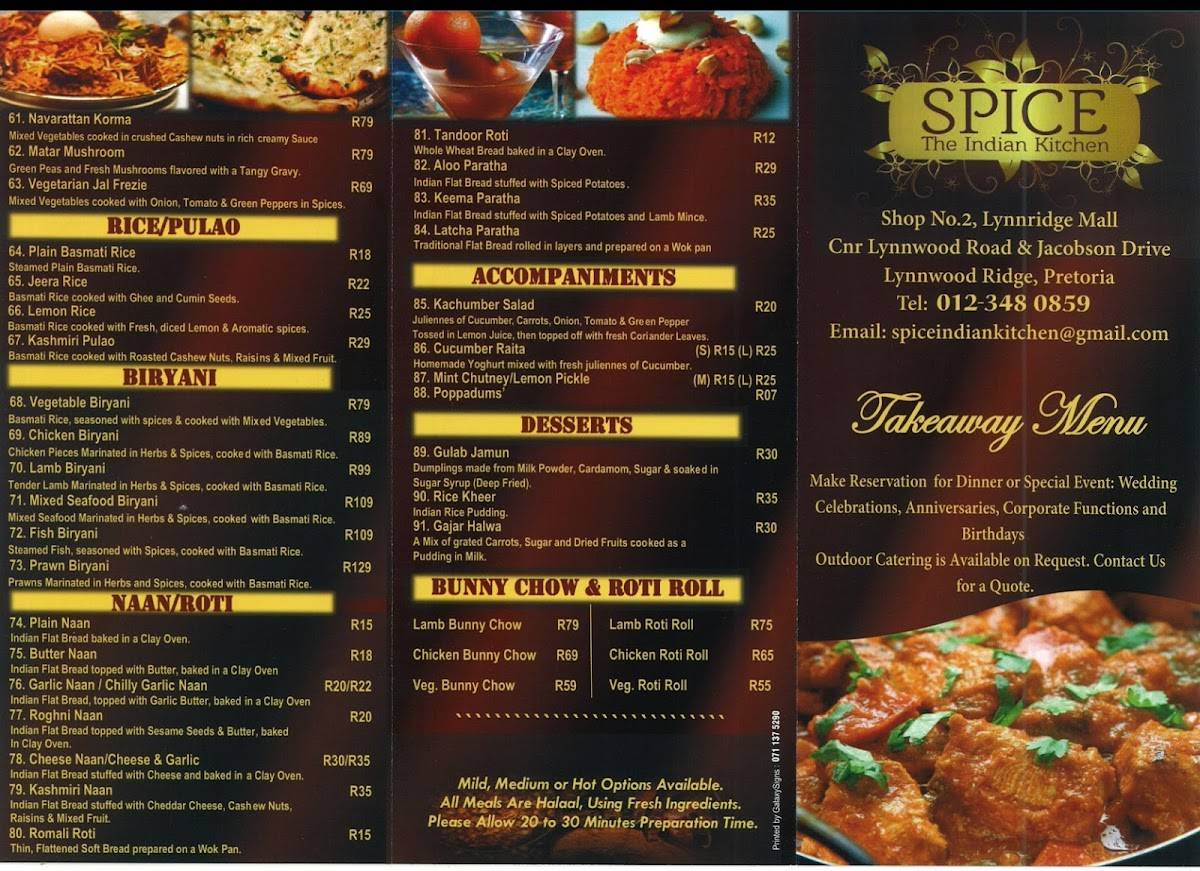 Menu at Spice-The Indian Kitchen restaurant, Pretoria