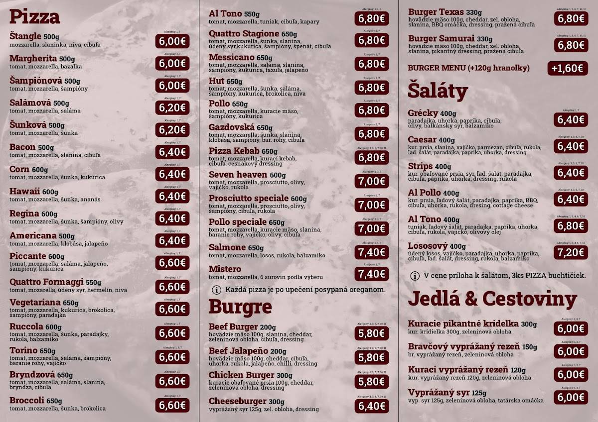 Menu at Central Pub Pizza&Kebab, Spišská Belá