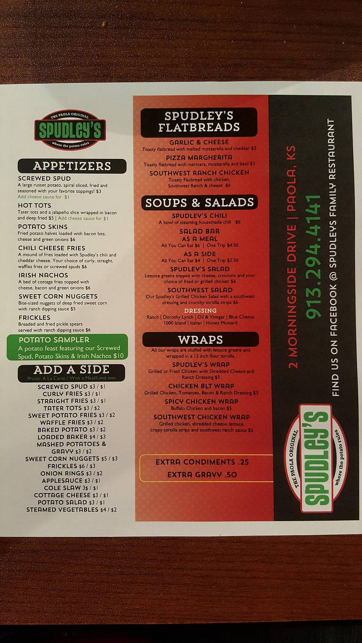 Menu at Spudley's Family Restaurant, Paola