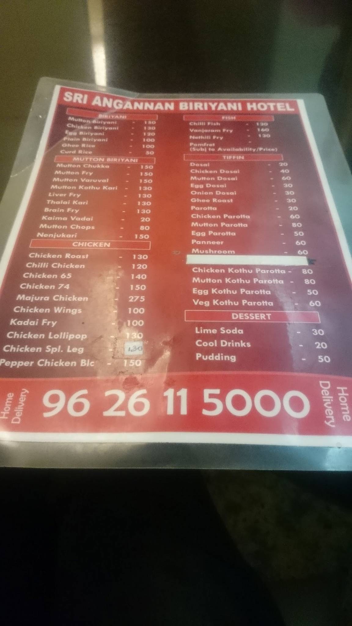 Menu at Sri Angannan Biriyani Hotel, Coimbatore, Rathna residency