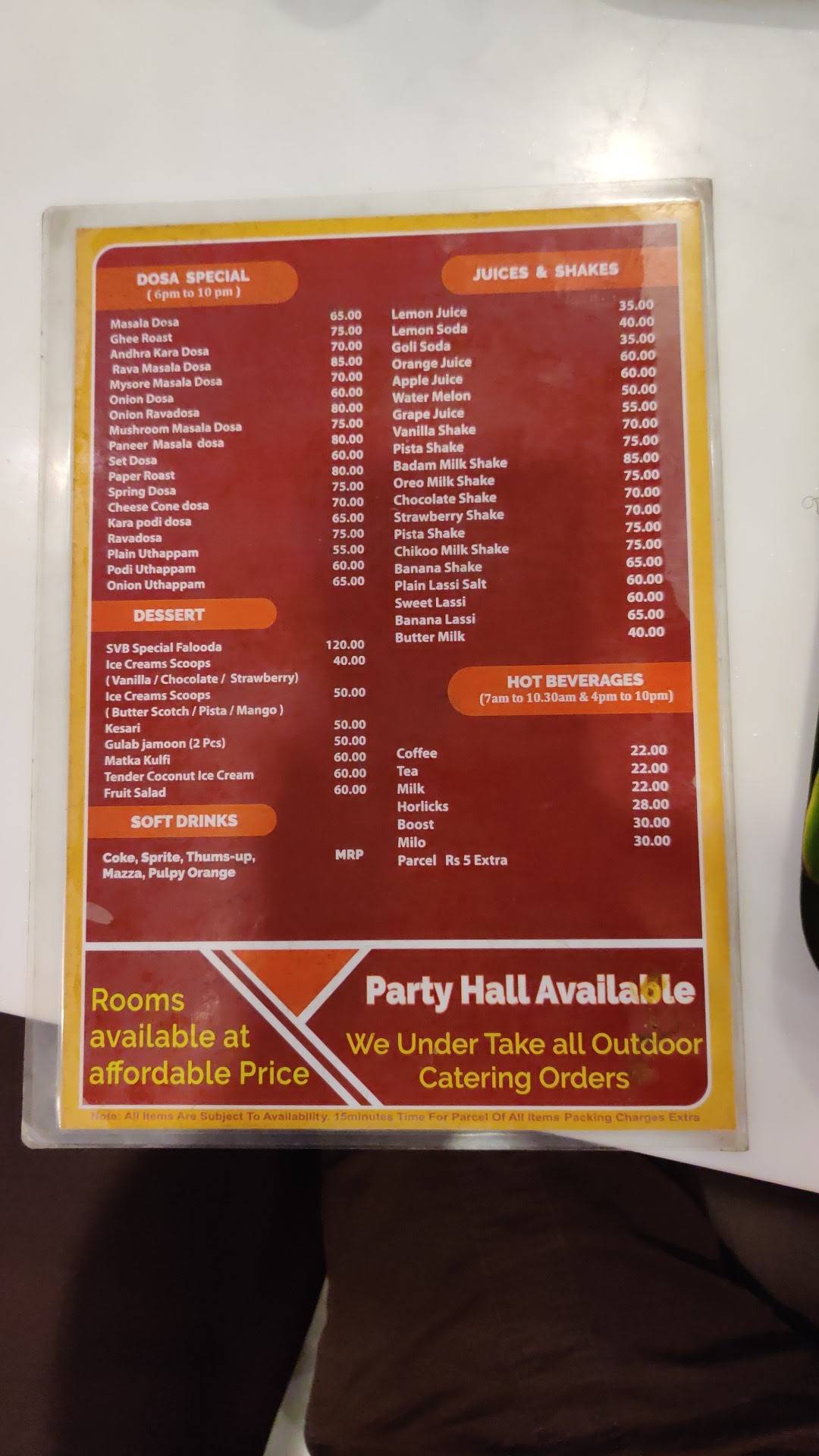 Menu at Sri Valli Bhavan, Chennai, 109-B