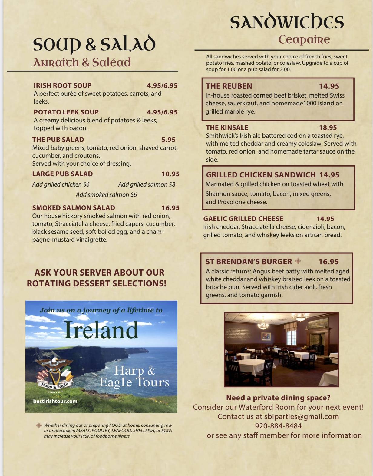 Menu at St. Brendan's Inn pub & bar, Green Bay