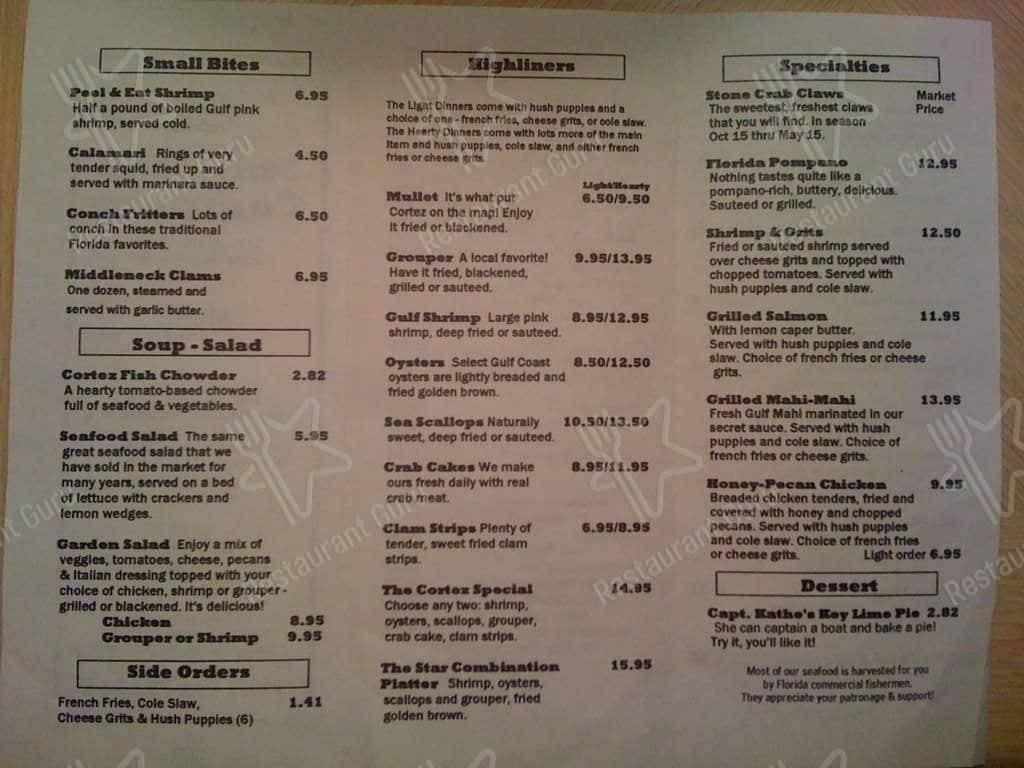 Menu at Star Fish Company restaurant, Cortez, 46th Ave W
