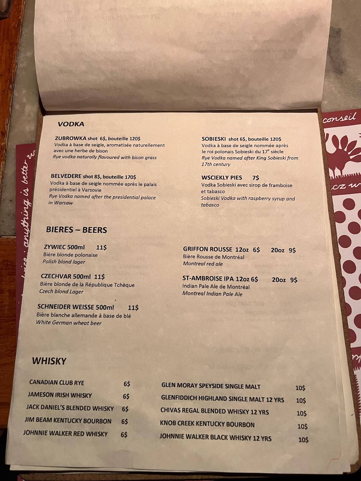 Menu at Stash Café, Montréal