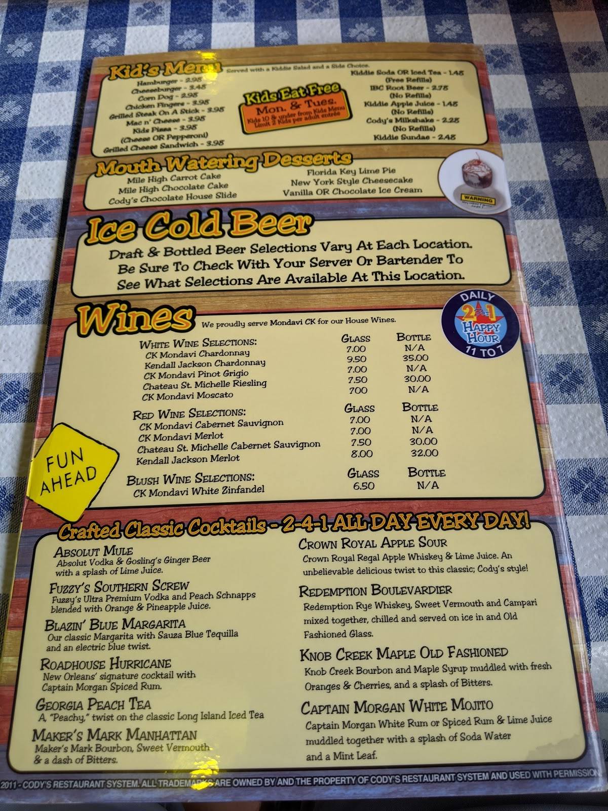 Menu at Cody's Original Roadhouse - Sumter steakhouse, The Villages ...
