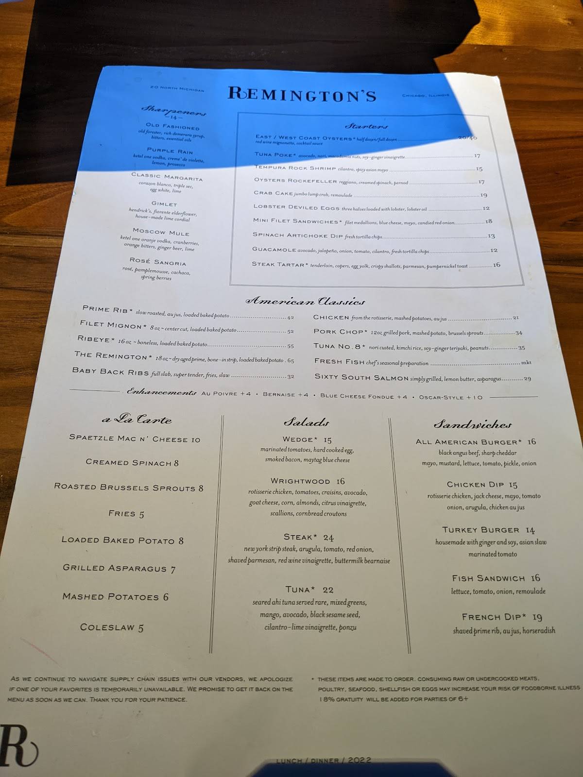 Menu at Remington's steakhouse, Chicago