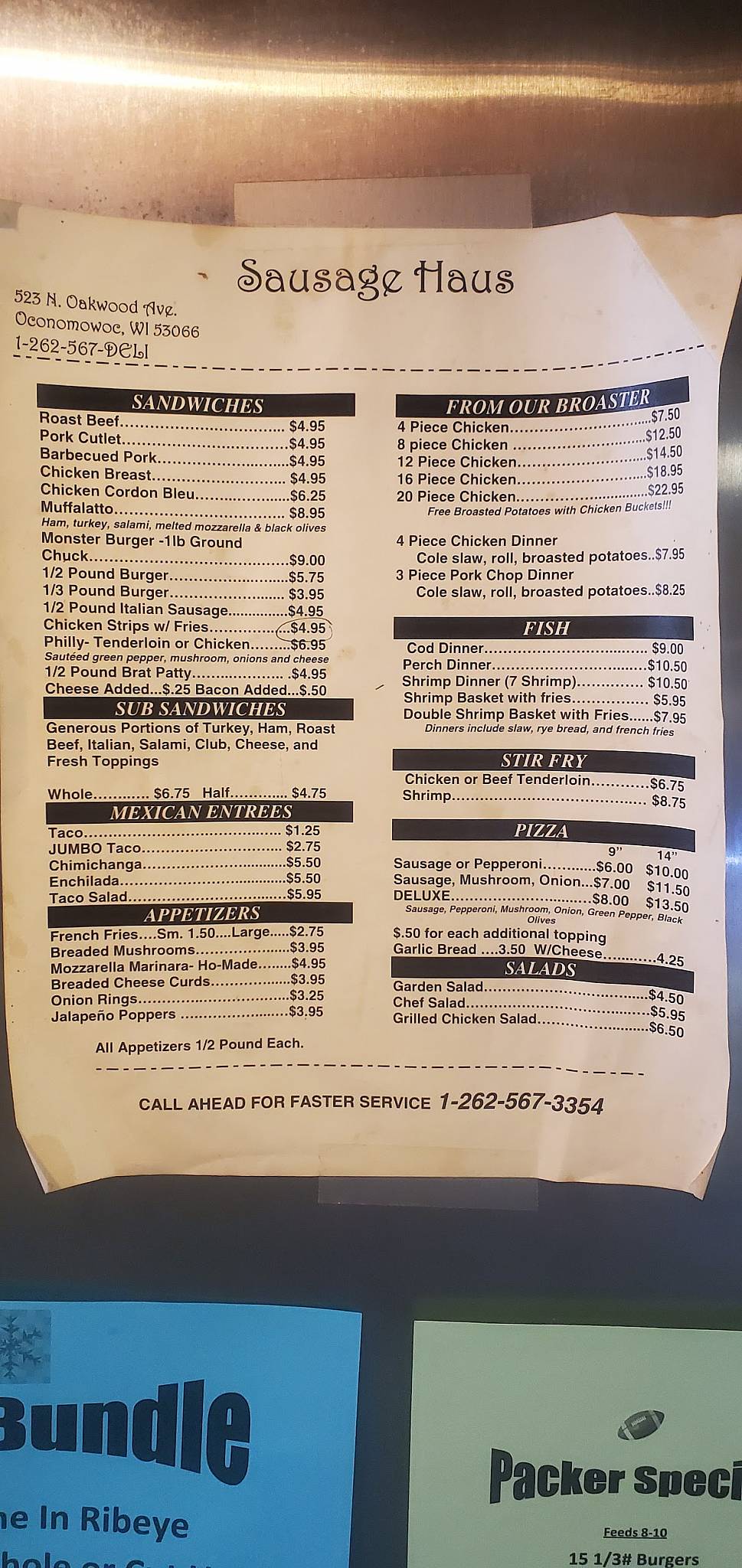 Menu at Sausage Haus Meat & Deli steakhouse, Oconomowoc