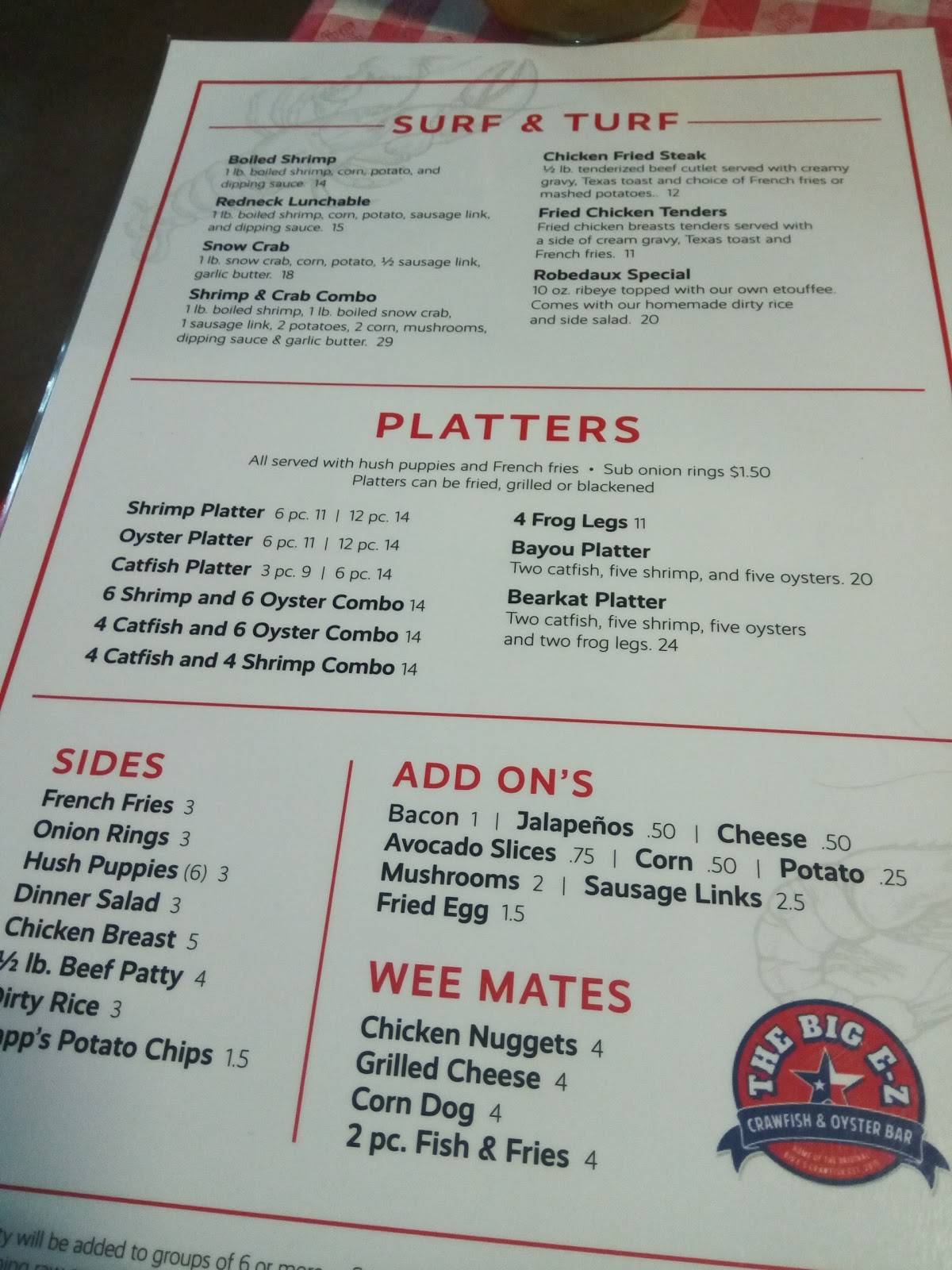 Menu at The Big E-Z Crawfish & Oyster Bar, Huntsville