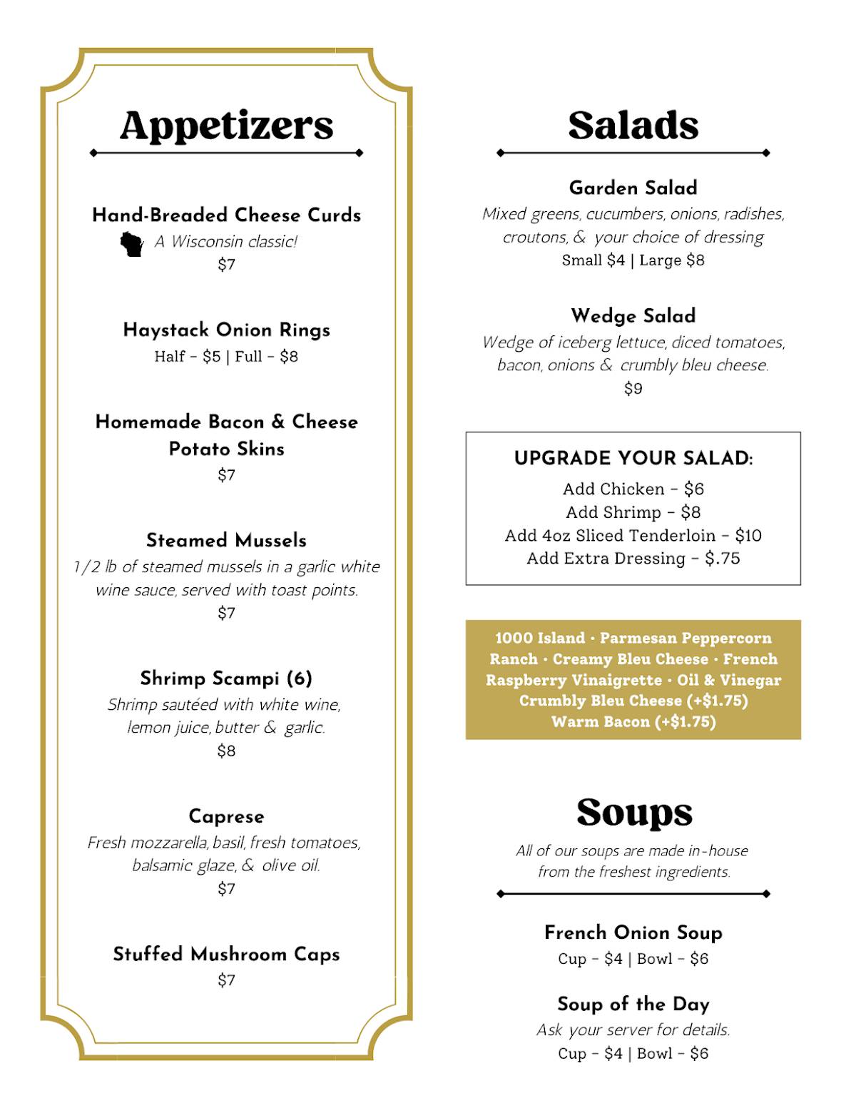 Menu at The Elbow Room steakhouse, Manitowoc