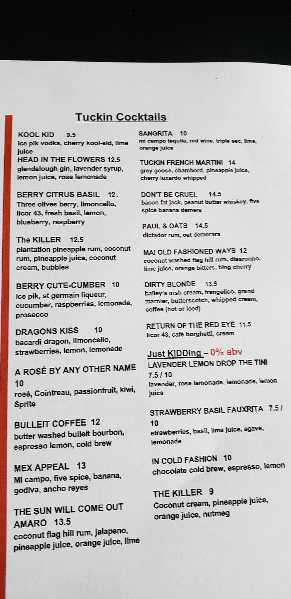 Menu at Tuckaway Tavern and Butchery steakhouse, Raymond