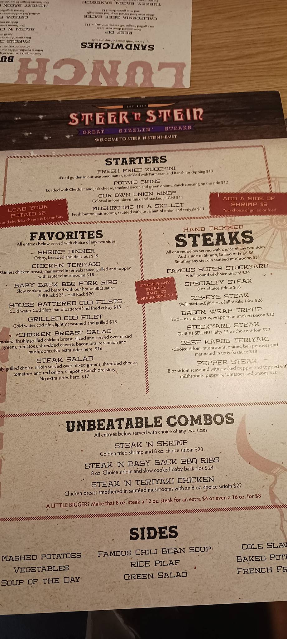 Menu at Steer 'n Stein Restaurant, Hemet