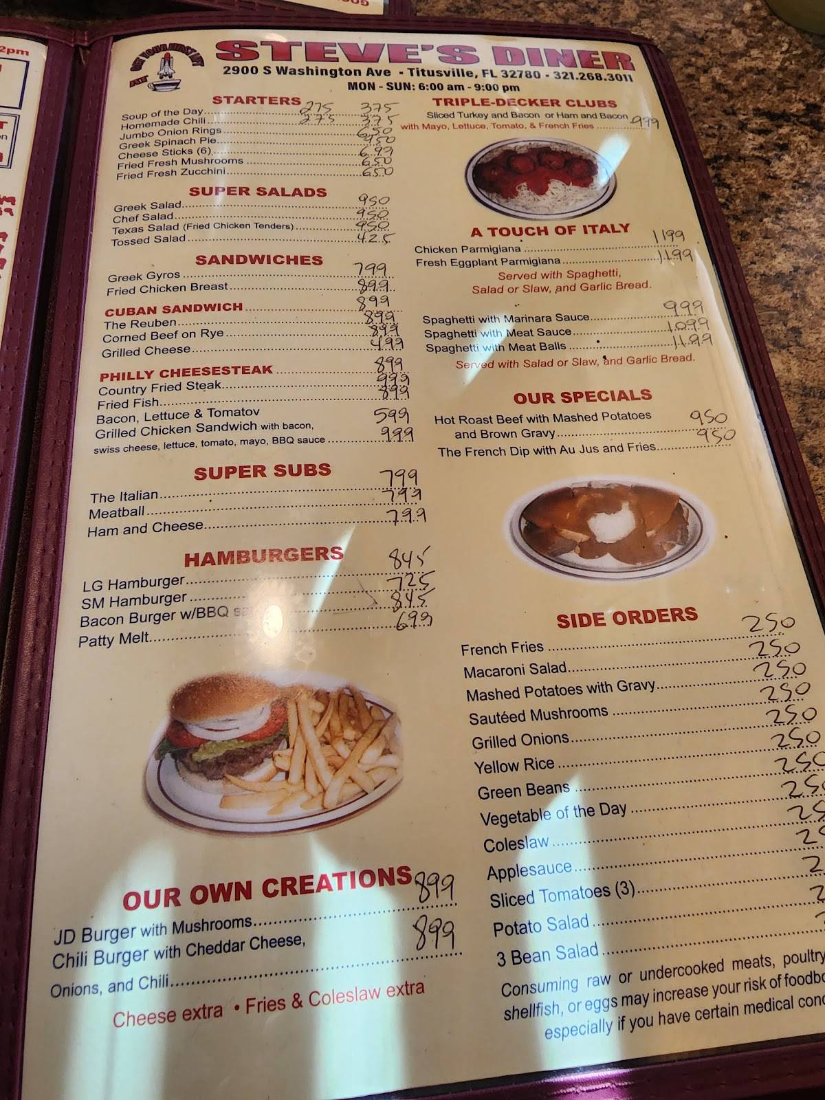 Menu at Steve's Family Diner restaurant, Titusville