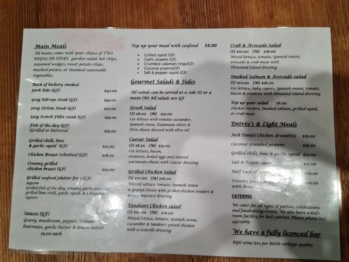 Menu at Stingrays Ocean & Grill pub & bar, Batemans Bay