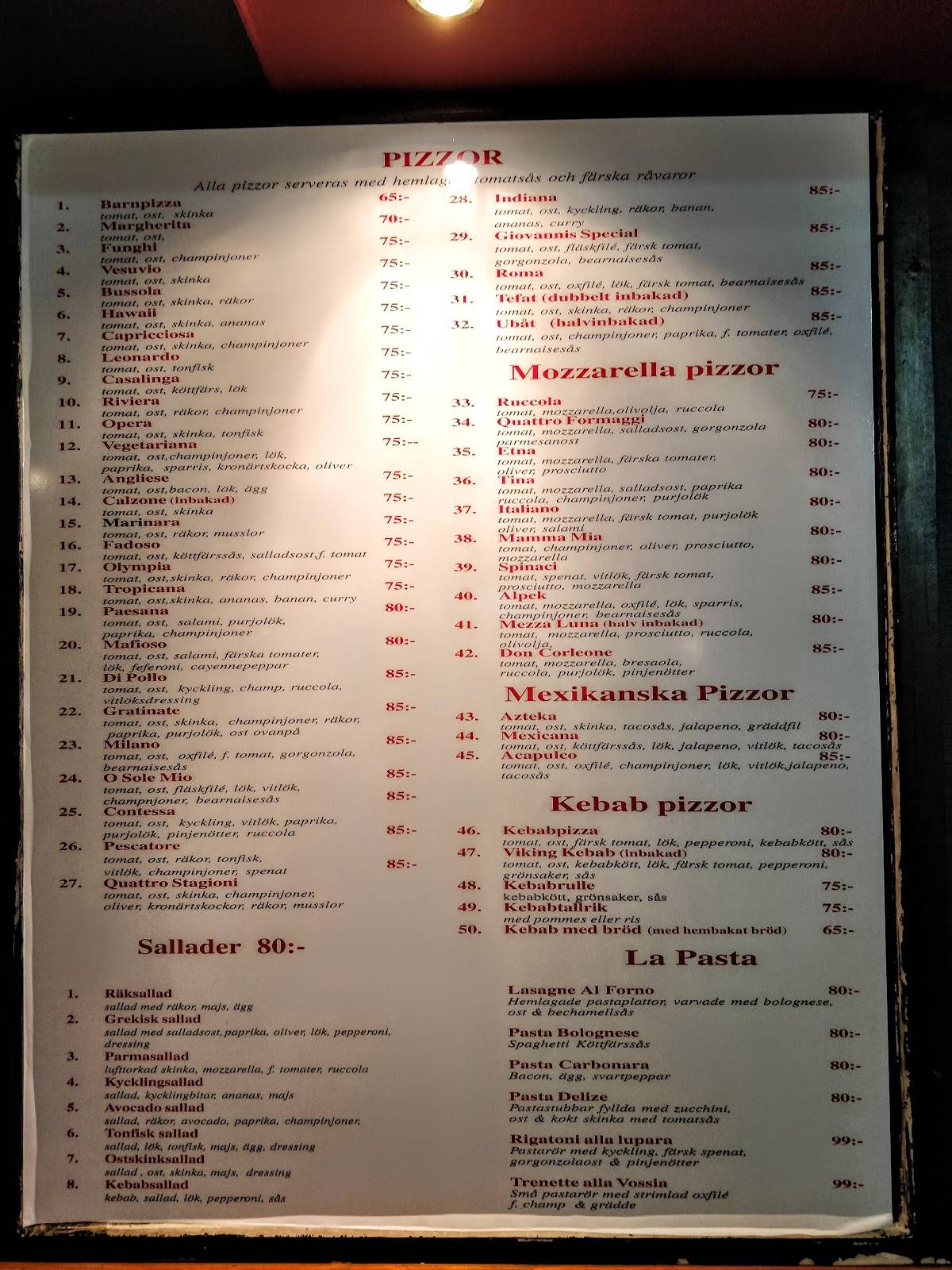 Menu at Don Corleone pizzeria, Stockholm