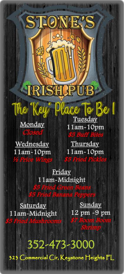 Menu at Stone's Irish Pub, Keystone Heights