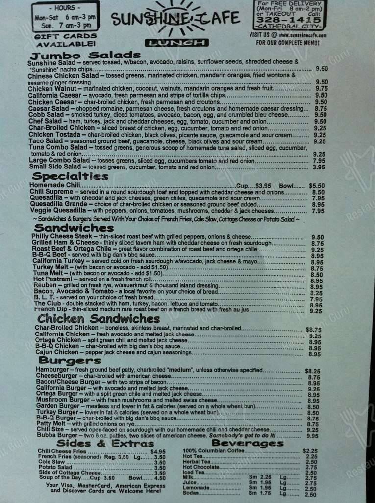 Menu at Sunshine Cafe, Cathedral City, Cathedral Canyon Dr