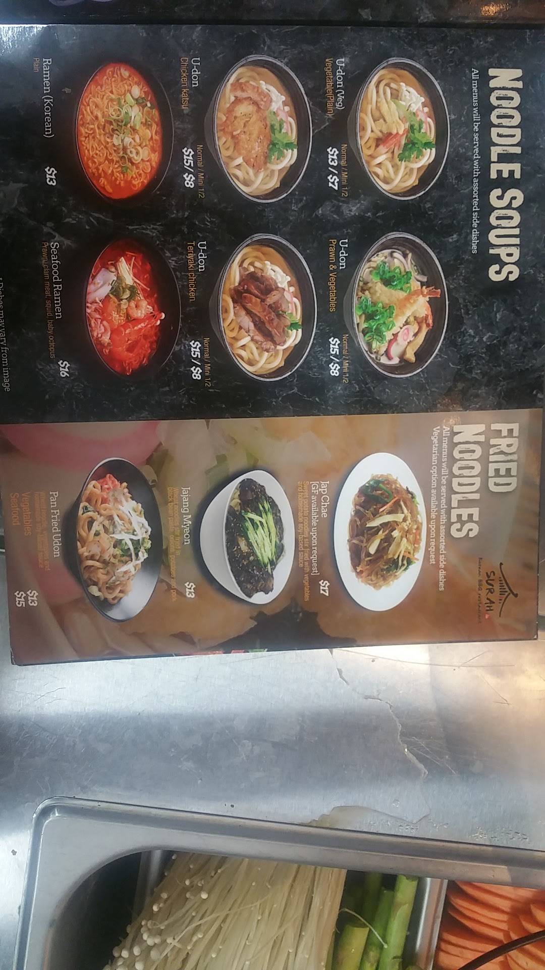 Menu at Surah Korean BBQ, Nowra