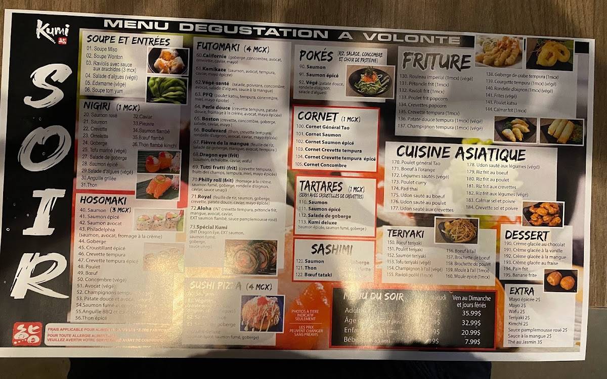 Menu au Sushi Kumi restaurant, Québec, 815 Bd Lebourgneuf
