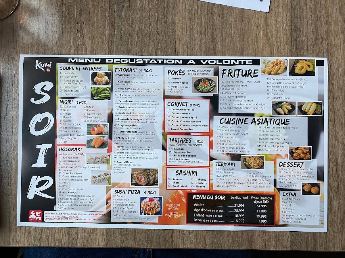Menu au Sushi Kumi restaurant, Québec, 815 Bd Lebourgneuf