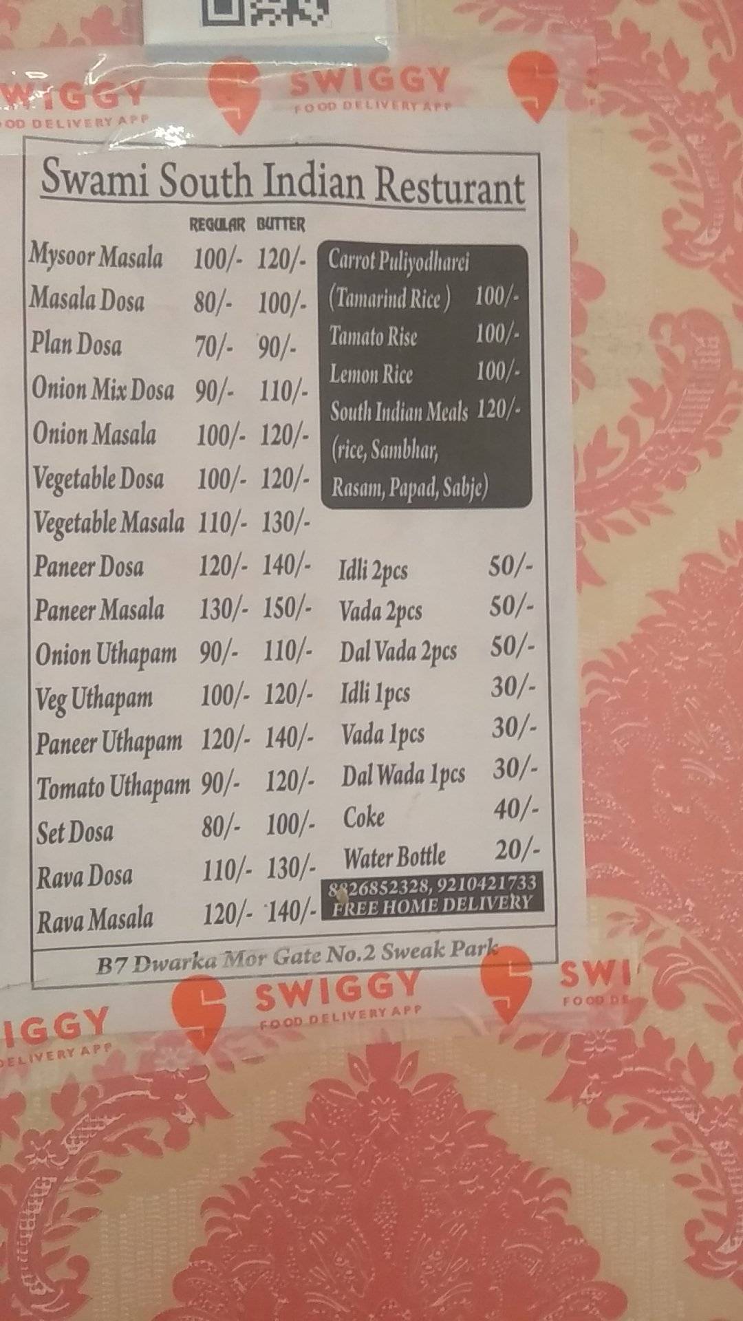 Menu at Swami Dosai, New Delhi, LSC 1