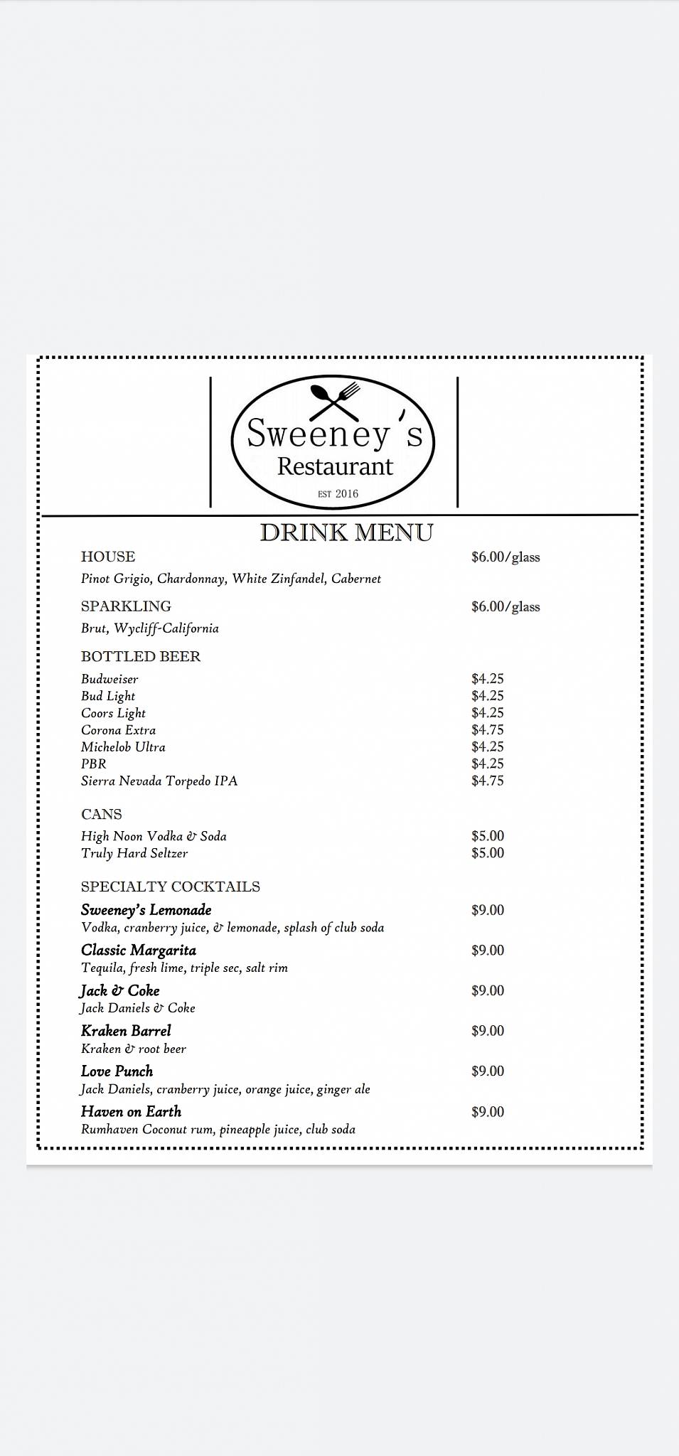 Menu at Sweeney's restaurant, Schuylerville, 106 Broad St