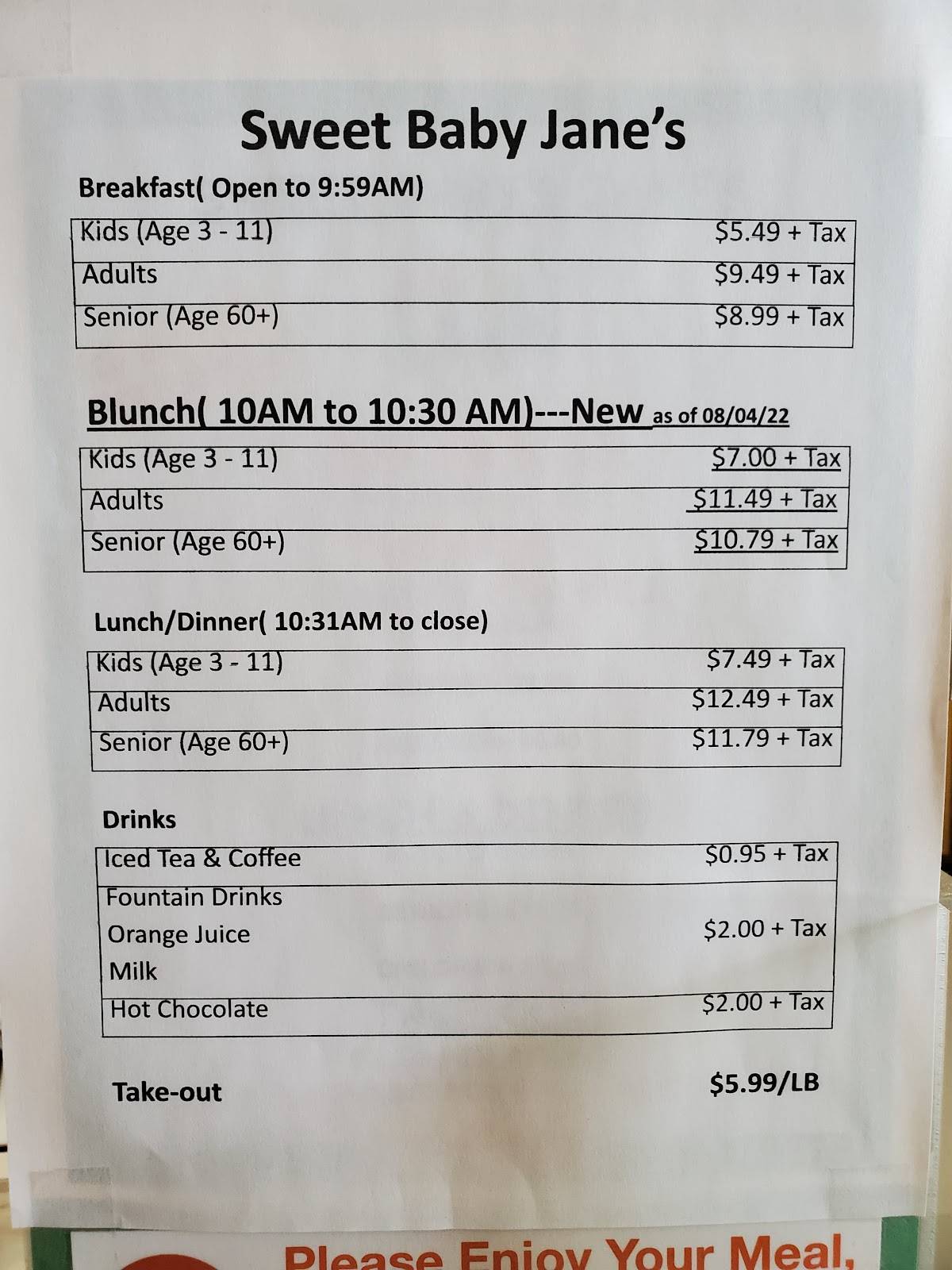 Menu at Sweet Baby Jane's restaurant, Lawrenceville