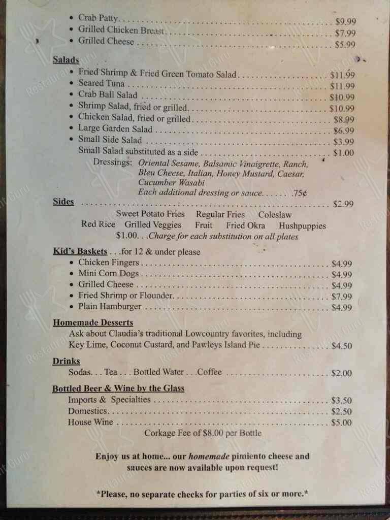Menu at T W Graham & Co restaurant, McClellanville