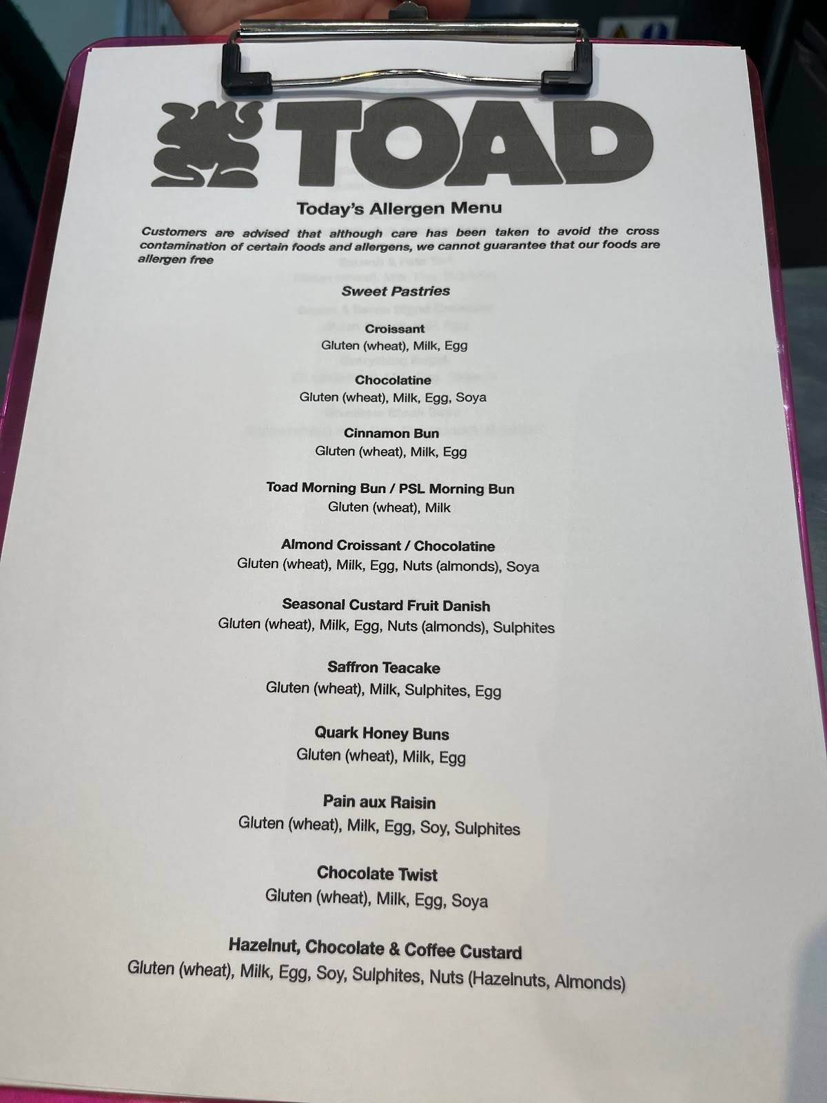 Carta de TOAD Bakery, Londres