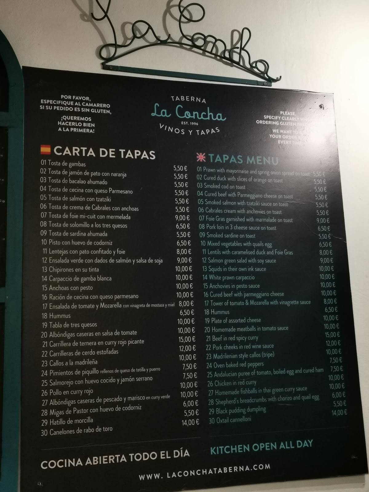 Menu at Taberna LA CONCHA pub & bar, Madrid