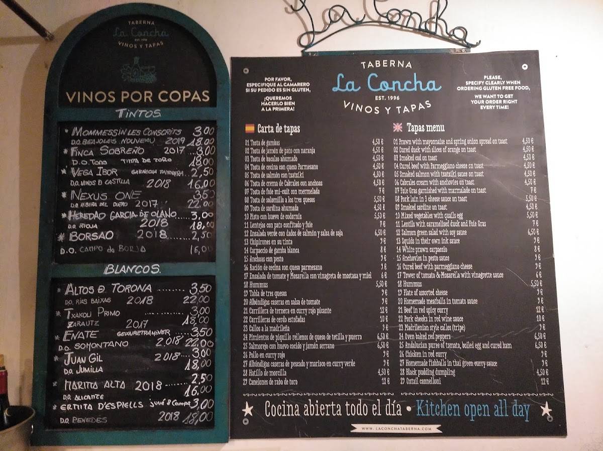 Menu at Taberna LA CONCHA pub & bar, Madrid