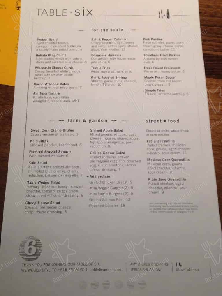 Menu at Table Six Kitchen + Bar, North Canton