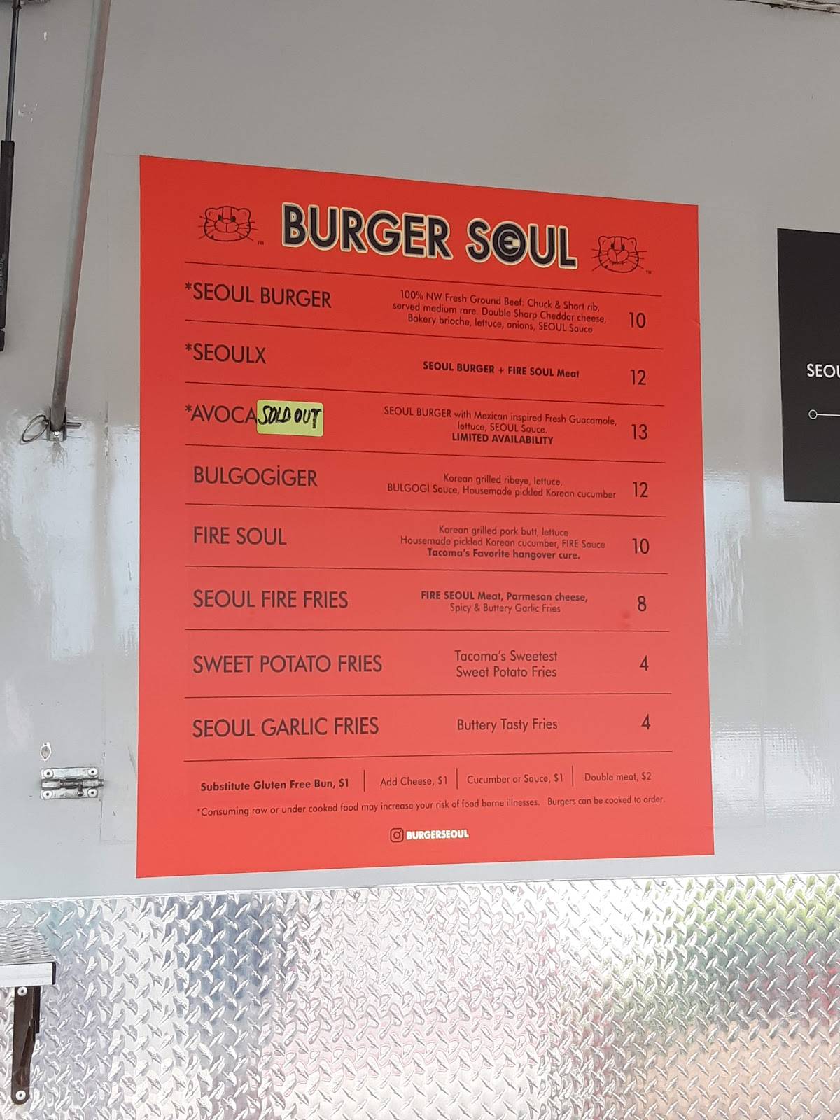 Menu at BURGER SEOUL restaurant, Tacoma