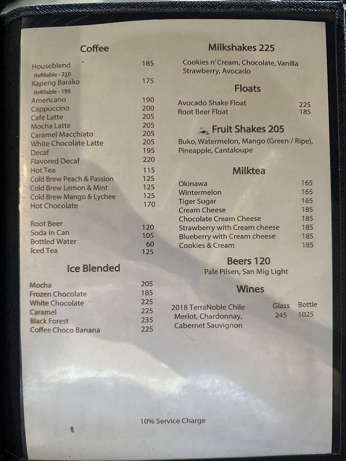 Menu at Bag of Beans Athena Branch restaurant, Tagaytay, Gen. E