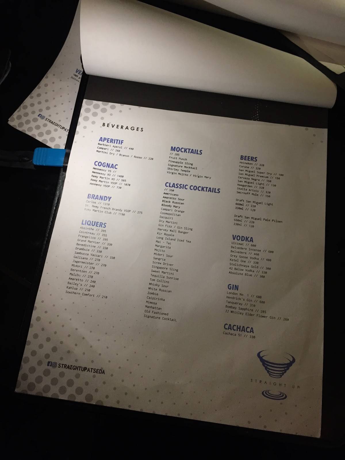 Menu at Straight Up Bar at Seda BGC, Taguig, Seda Hotel Rooftop