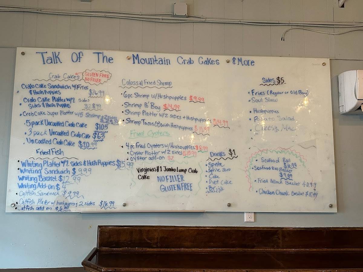 Menu at Talk of the Mountain Crab Cakes and more restaurant, Front ...