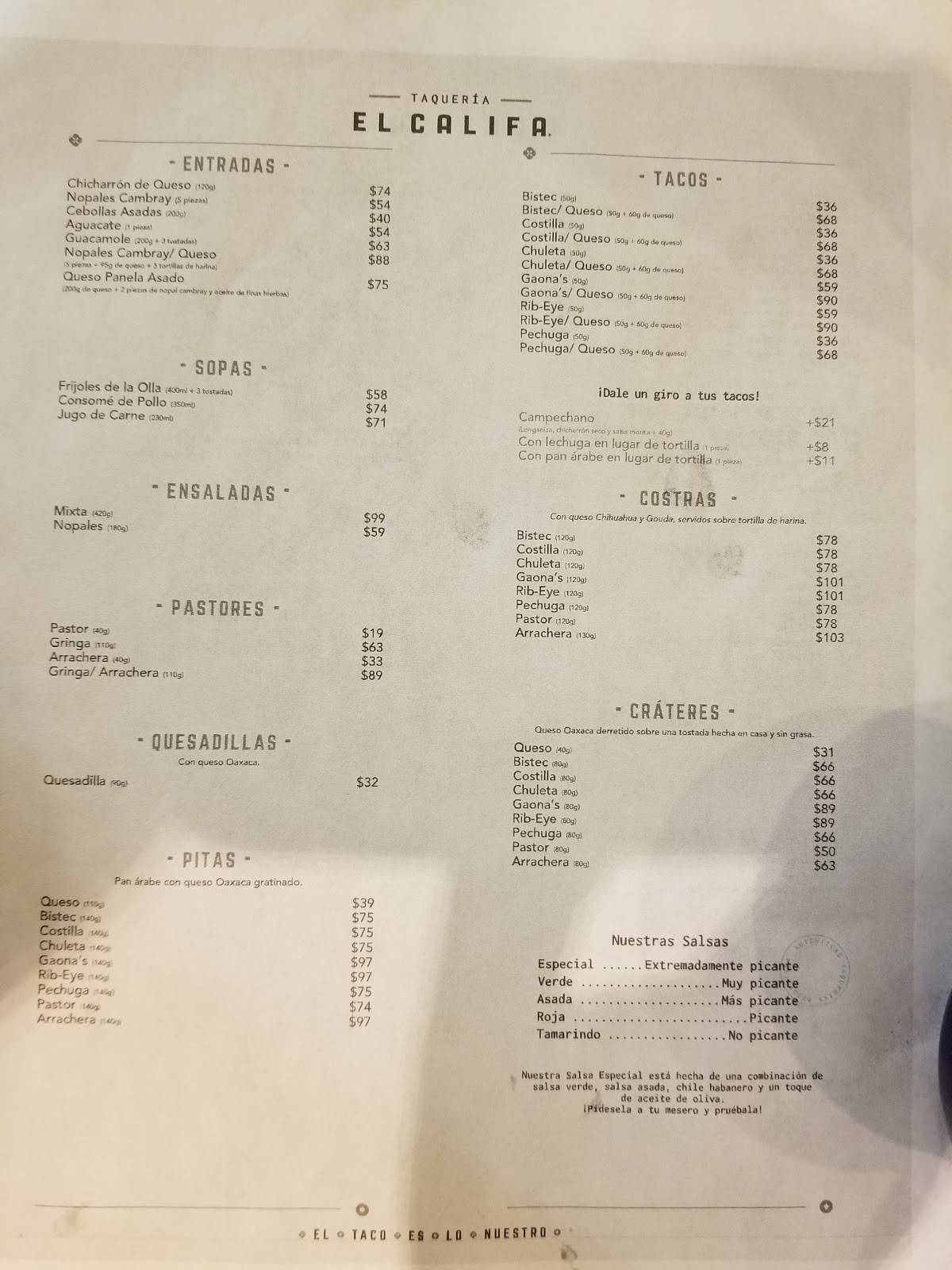 Menu at Taquería El Califa Condesa restaurant, Ciudad López Mateos, Cda ...