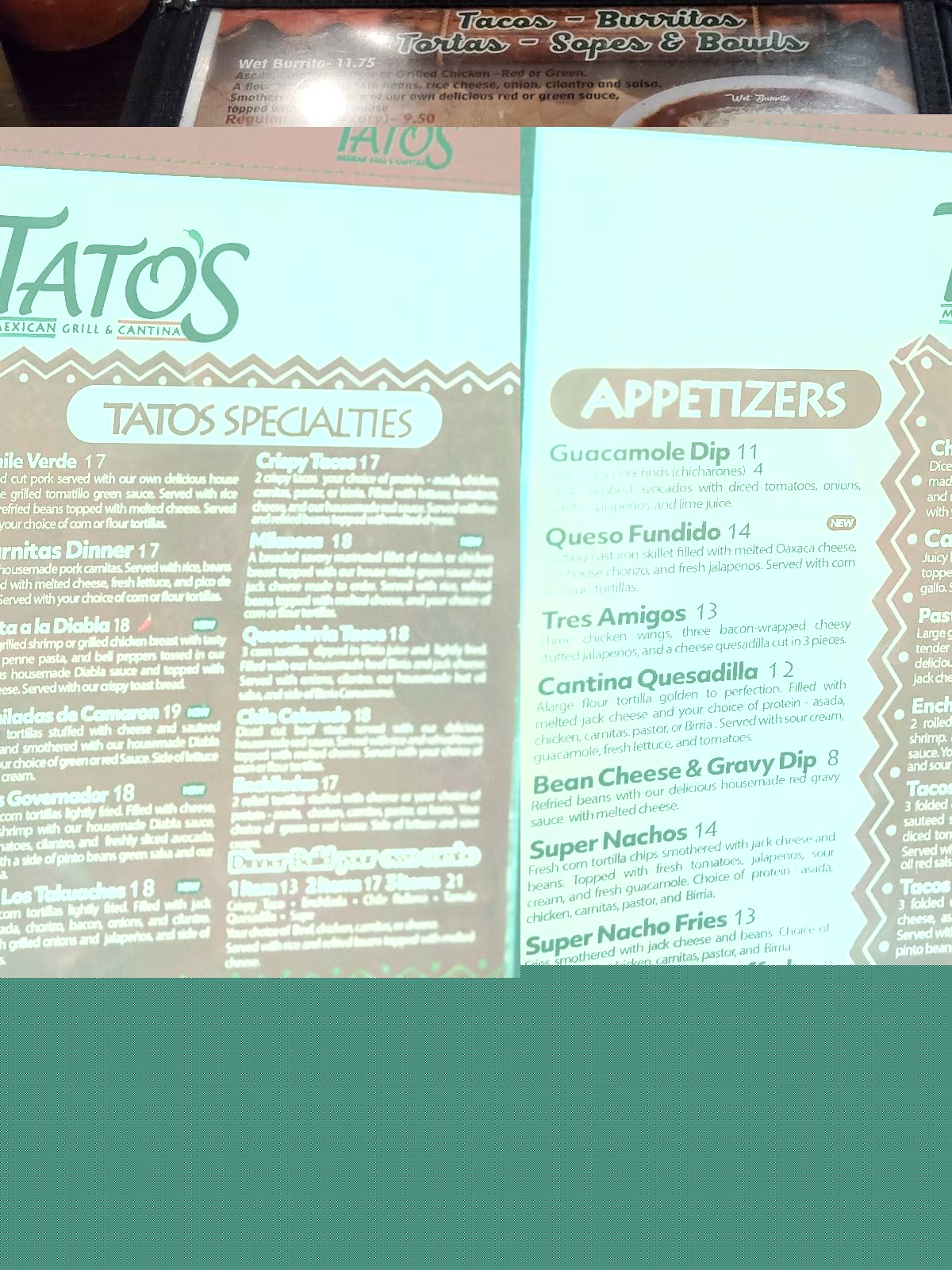 Menu at Tato’s Mexican Grill & Cantina restaurant, Manteca