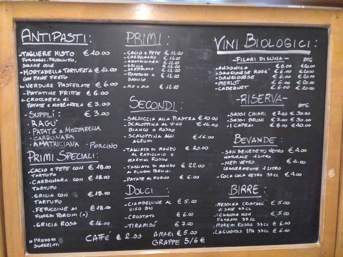 Menu at Taverna Testaccio restaurant, Rome
