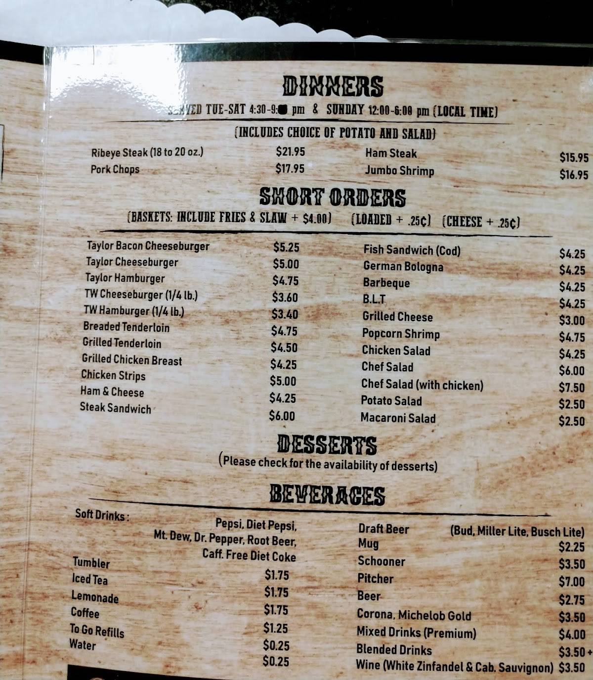 Menu at Taylor's 2 Steakhouse, Oakland City
