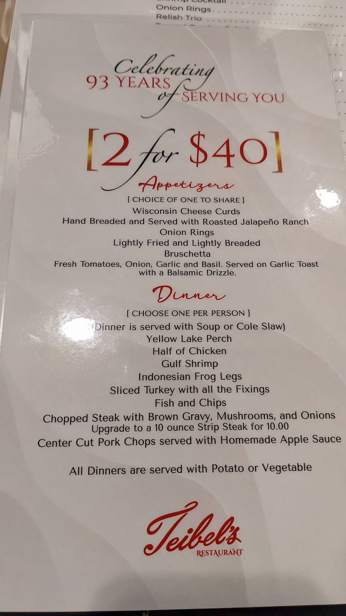 Menu at Teibel's Family Restaurant, Schererville