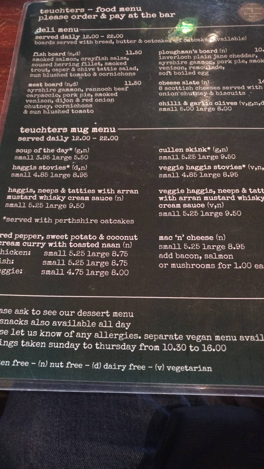 Menu at Teuchters pub & bar, Edinburgh